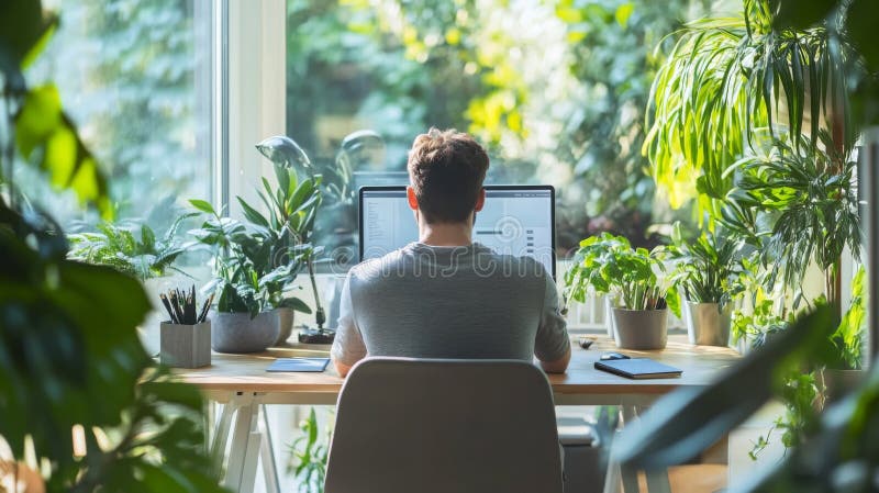 Man Working on a Computer at a Desk with Plants Stock Illustration ...