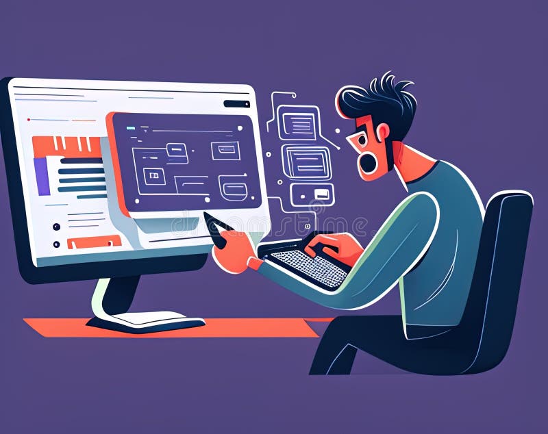 Illustration of Business Man Using Computer with Graph and Charts ...