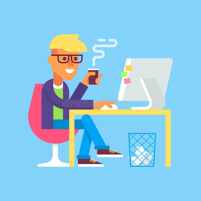 Man is Working with Computer and Drinking Coffee. Stock Vector ...