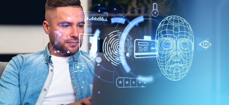 Man Working with Computer, Face Id Scanning Digital Hologram and Data ...
