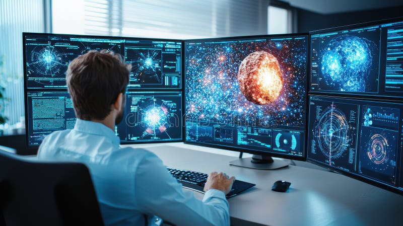 Man Working on Computer with Futuristic Interface Stock Illustration ...
