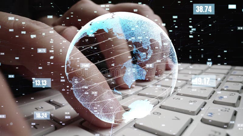 Man Working On Computer Keyboard With Graphic Of Internet Network