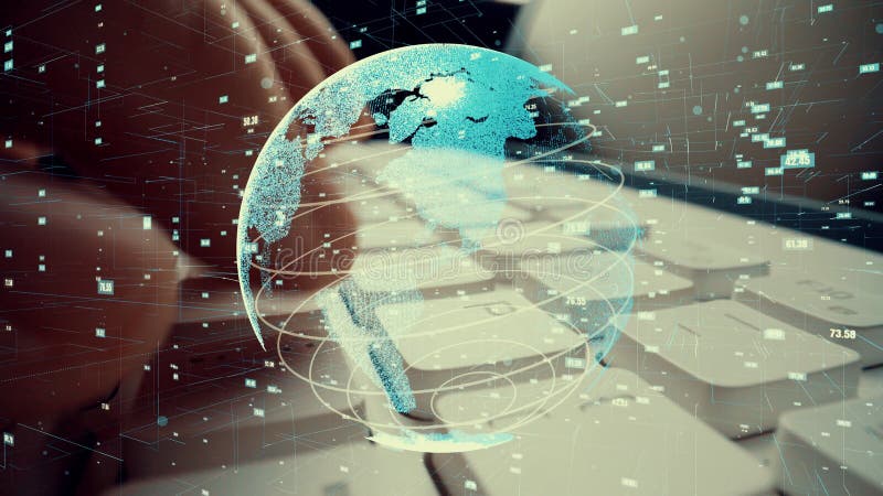 Man Working on Computer Keyboard with Graphic of Internet Network ...