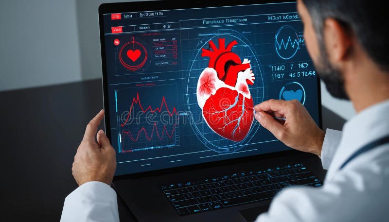 Man Working on Computer with Heart on Screen, Closeup. Cardiology ...