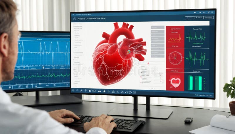 Man Working on Computer with Heart on Screen, Closeup. Cardiology ...