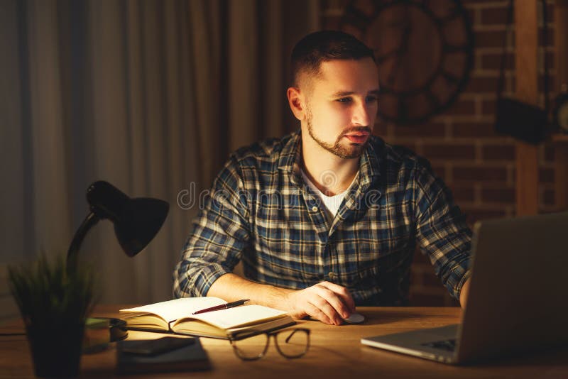 Man Working on Computer at Home at Night in Dark Stock Photo - Image of ...