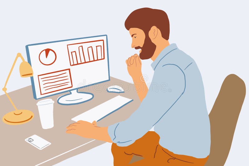 Male with Beard Freelancer Working Remotely from His Desk. Freelance ...