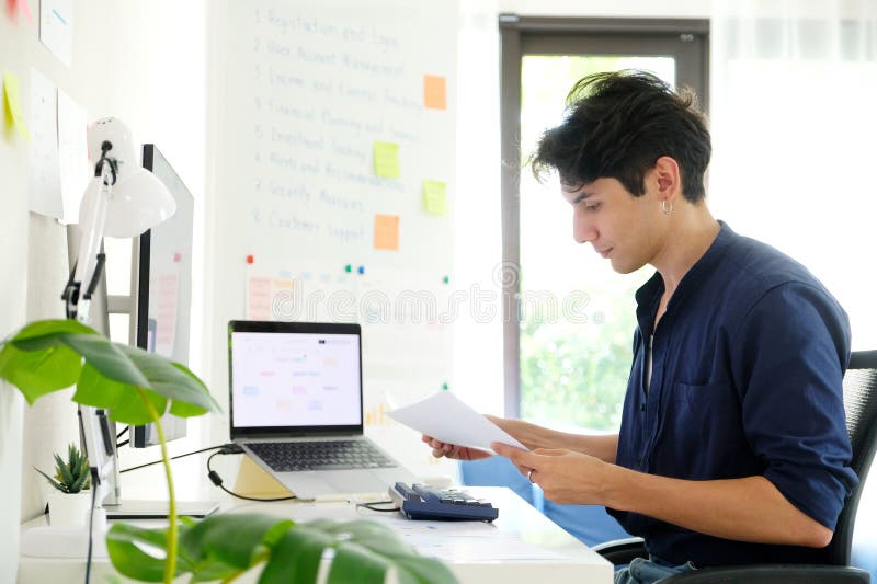 Man Working with Computer at Home Office, Working at Home, Online ...