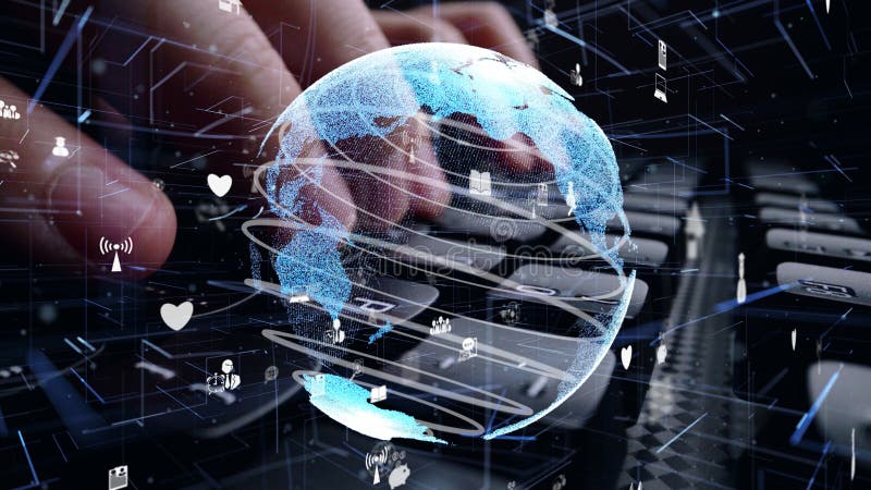 Man Working On Computer Keyboard With Graphic Of Internet Networ Stock