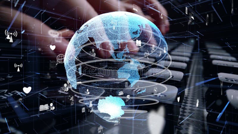 Man Working On Computer Keyboard With Graphic Of Internet Networ Stock