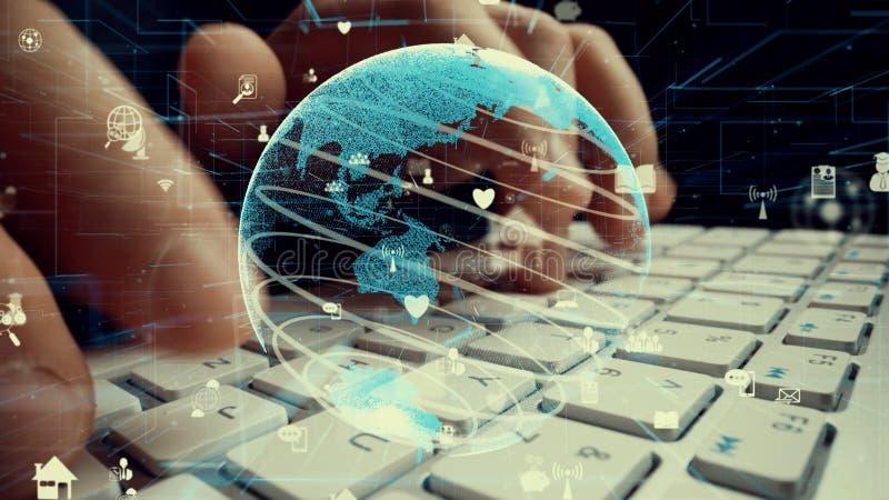 Man Working on Computer Keyboard with Graphic of Internet Network ...