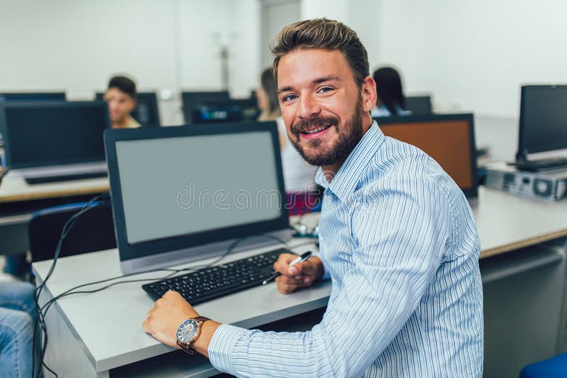 Man Working on Computer in Computer Lab Stock Photo - Image of ...