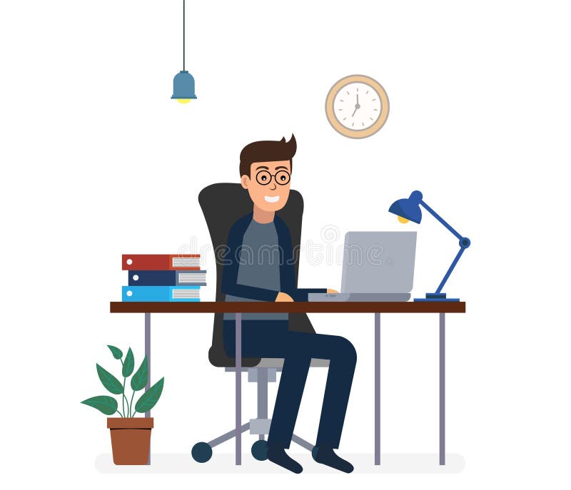 Man Working with Computer Laptop Flat Design. Businessman Man at Table ...