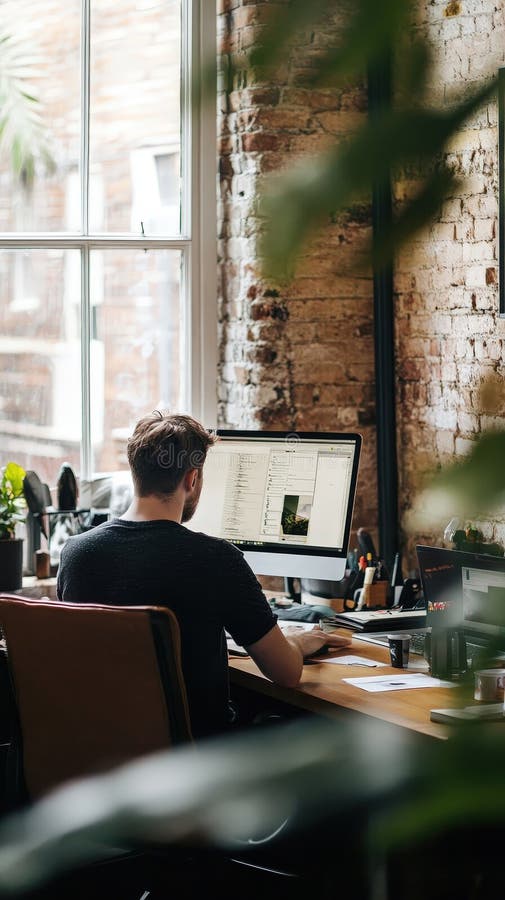 Man Working on Computer in Loft Office Stock Photo - Image of interior ...