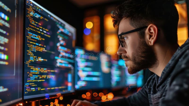 A Man is Working on a Computer with Multiple Monitors, Wearing Glasses ...