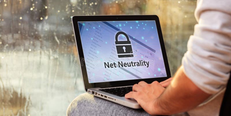Man Working with a Computer, Net Neutrality Text on the Screen, Copy ...