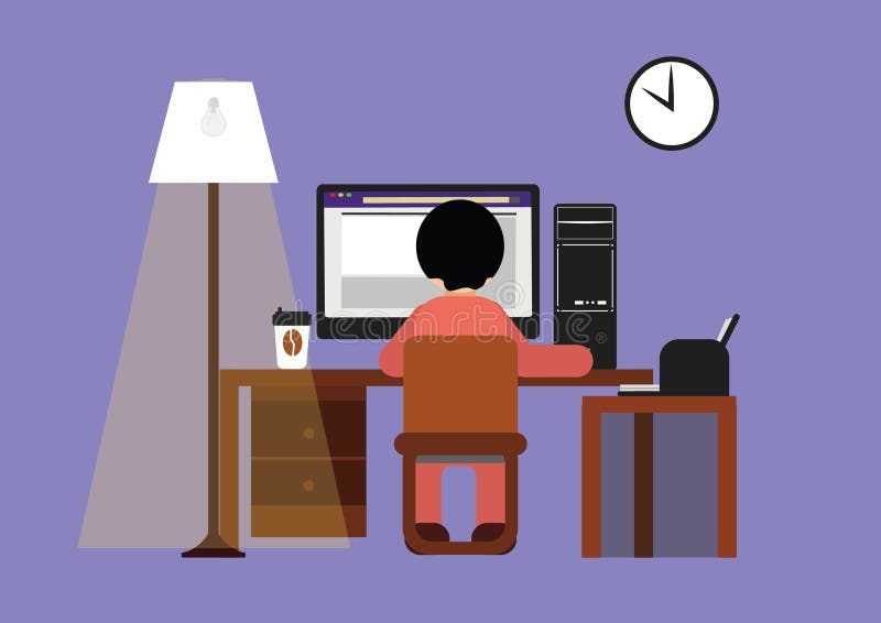 Man Working with Computer at Night Stock Vector - Illustration of ...