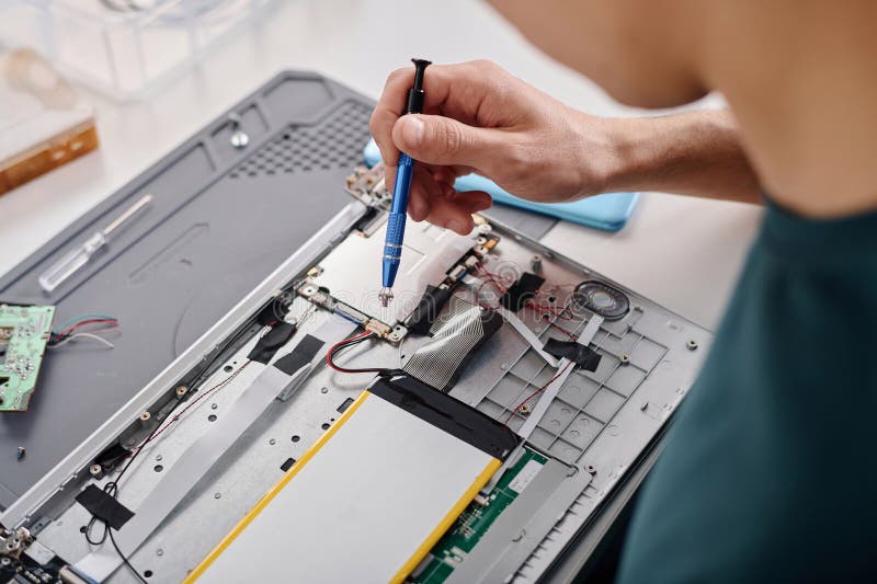Man Working on Computer Repairing in Workshop Stock Image - Image of ...