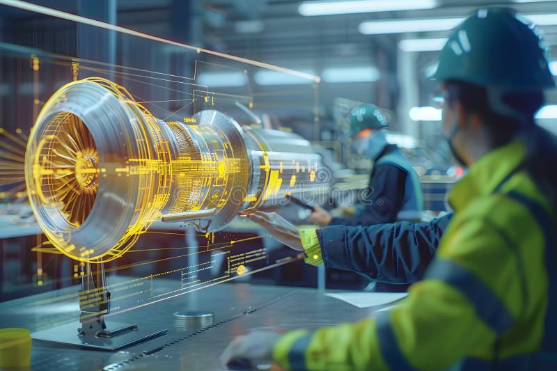 A Man is Working on a Computer Screen with a Yellow Jet Engine ...