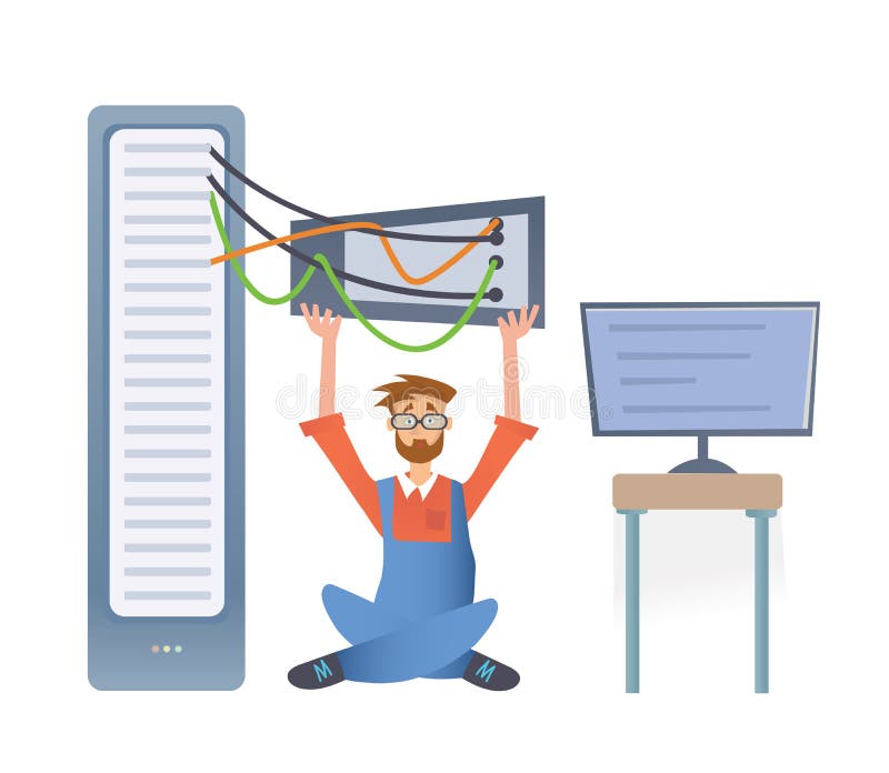 A Man Working with a Computer Server or a Render Farm. Technical ...