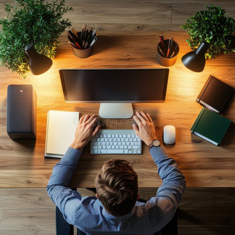 Man Working on Computer in Stylish Home Office Surrounded by Smart ...