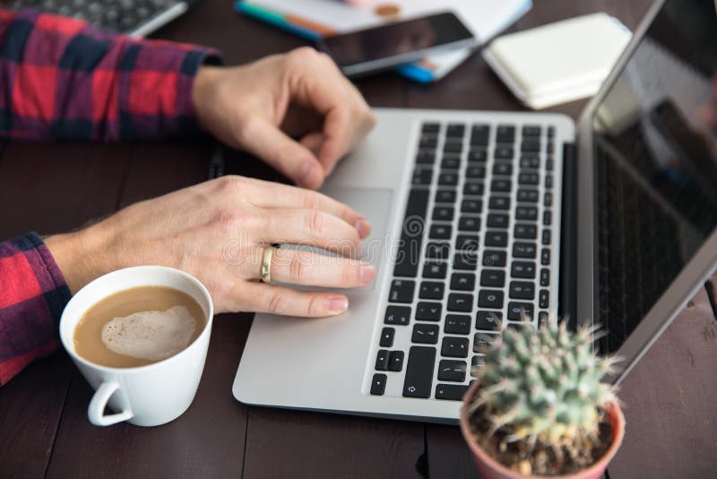 Man Working Computer on Table Stock Photo - Image of person ...