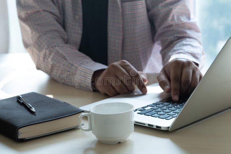 Man Working Computer Table Hand Touching Laptop Business Strategy ...