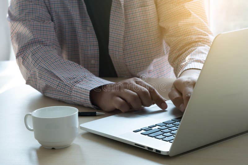 Man Working Computer Table Hand Touching Laptop Business Strategy ...
