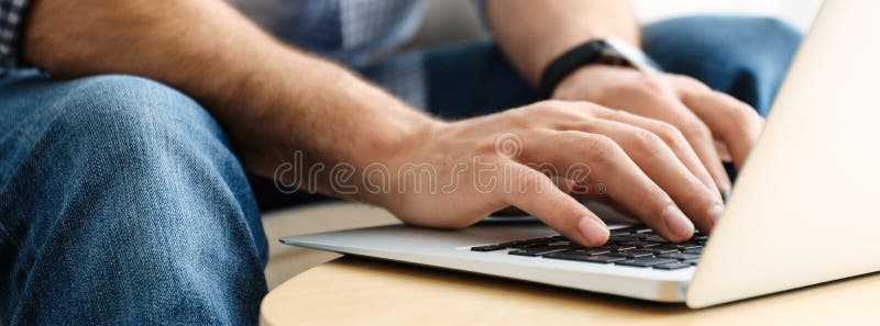 Man Working on Computer at Table Indoors. Banner Design Stock Image ...