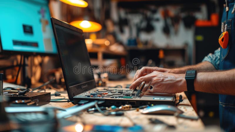 A Man is Working on a Computer in a Workshop AIG41 Stock Illustration ...