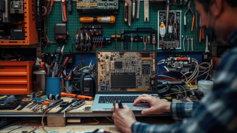 A Man is Working on a Computer in a Workshop AIG41 Stock Illustration ...