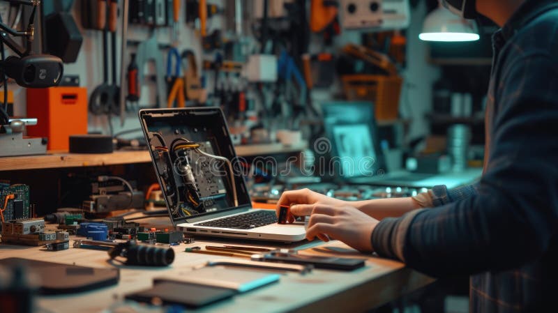 A Man is Working on a Computer in a Workshop AIG41 Stock Image - Image ...