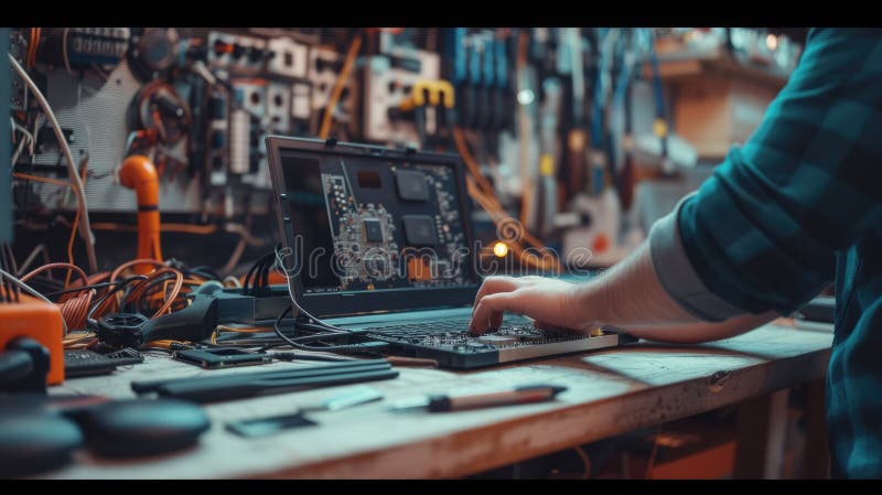 A Man is Working on a Computer in a Workshop AIG41 Stock Image - Image ...