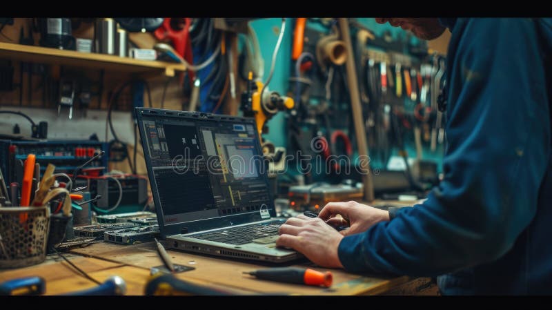 A Man is Working on a Computer in a Workshop AIG41 Stock Photo - Image ...