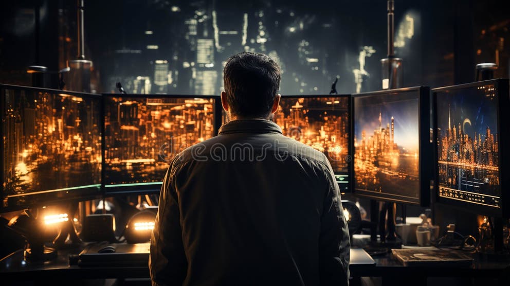 A Man Working in Data Center in Front of a Computer Screen Stock Image ...