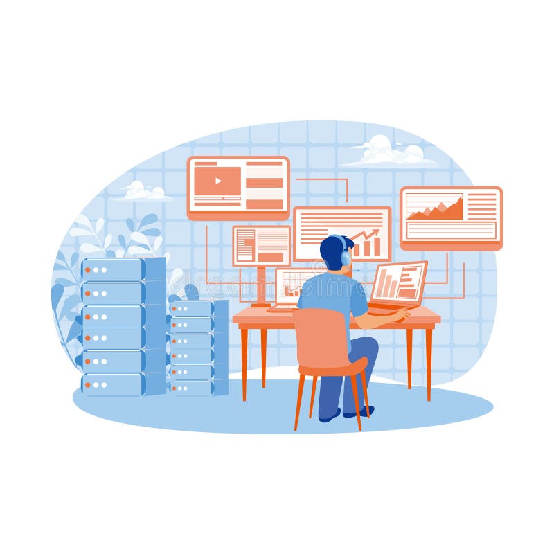 Man Working In Data Center Room Database Information Monitoring Data Center Concept Stock