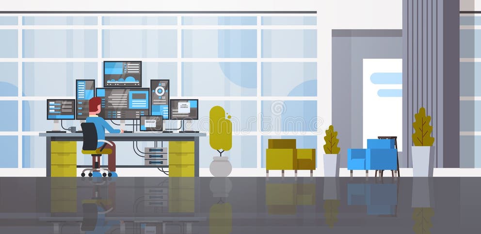 Man Working in Data Center Room Hosting Server Computer Monitoring Information Database Stock ...