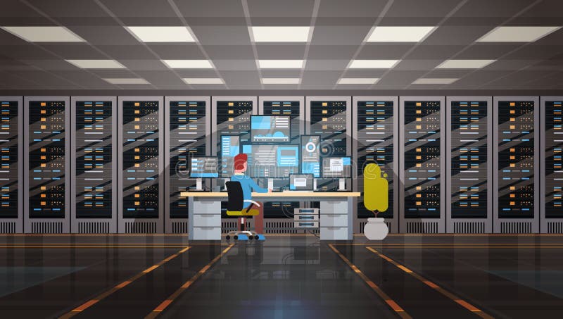 Man Working in Data Center Room Hosting Server Computer Monitoring Information Database Stock ...