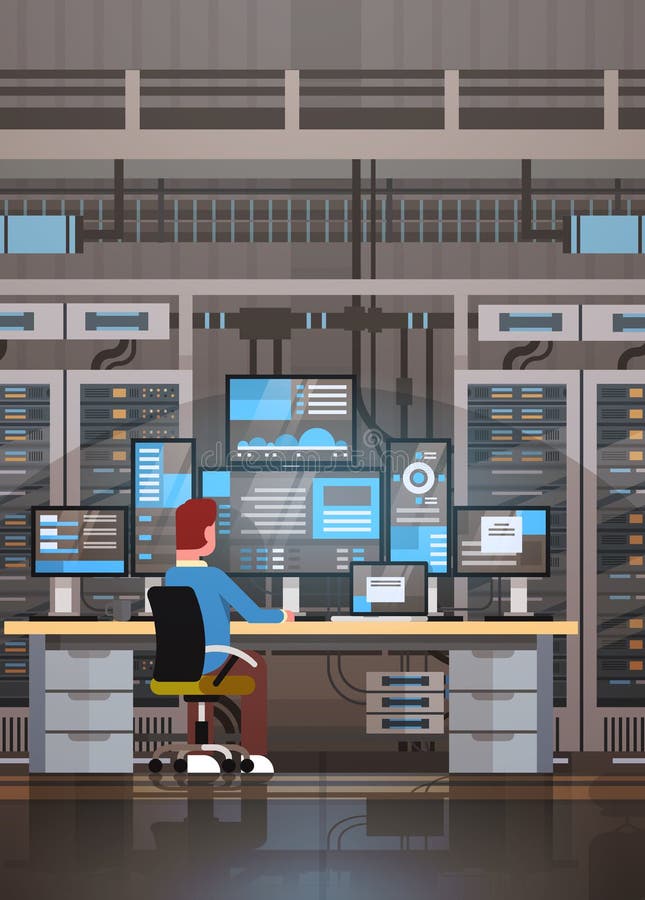 People Working In Data Center Room Hosting Server Computer Monitoring Information Database Stock