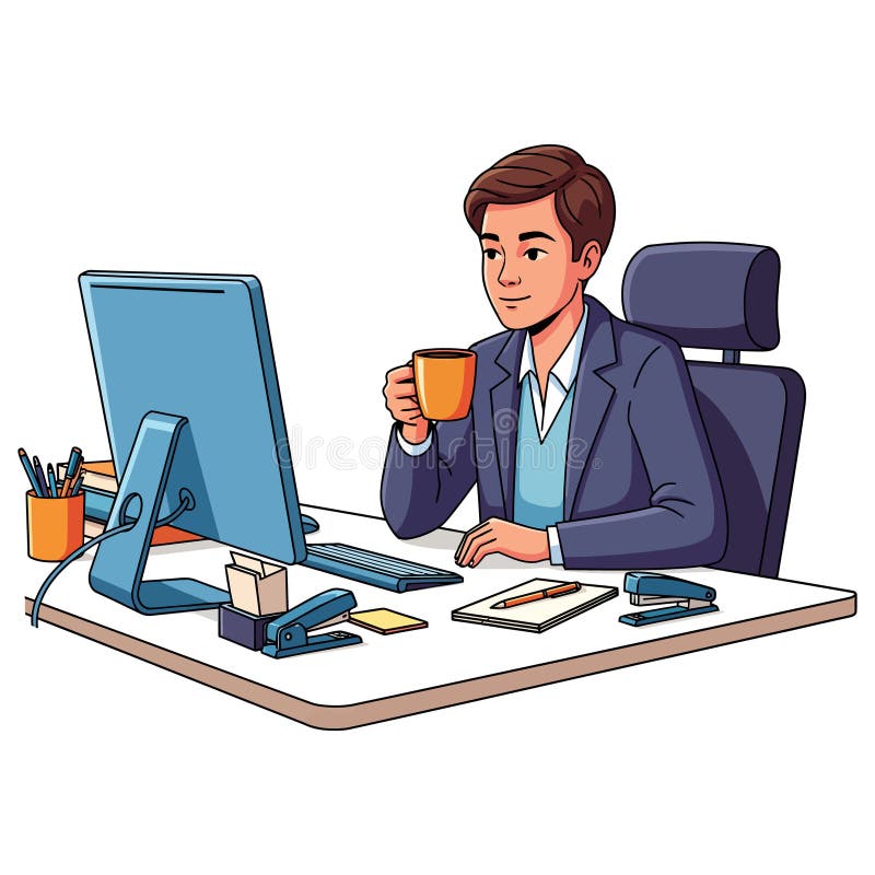 Man Working at Desk with Coffee Mug - Cartoon Vector Illustration Stock ...