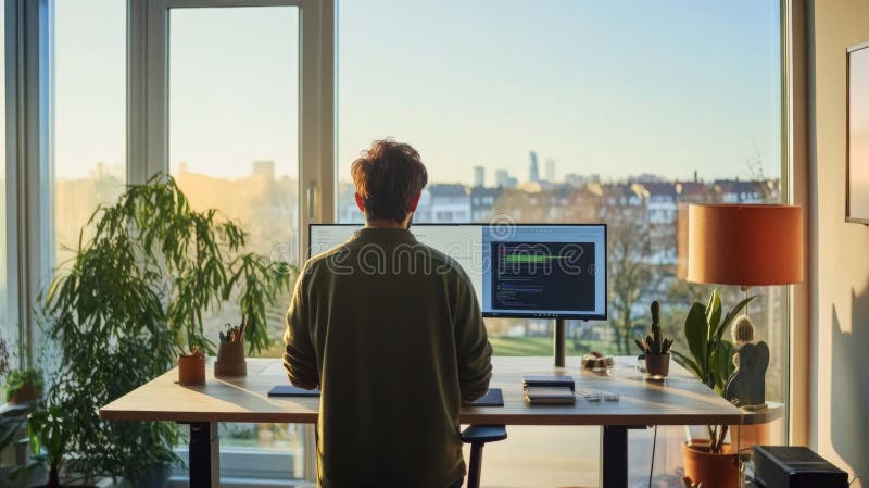 Man Working at Desk Facing Window with City View Stock Illustration ...
