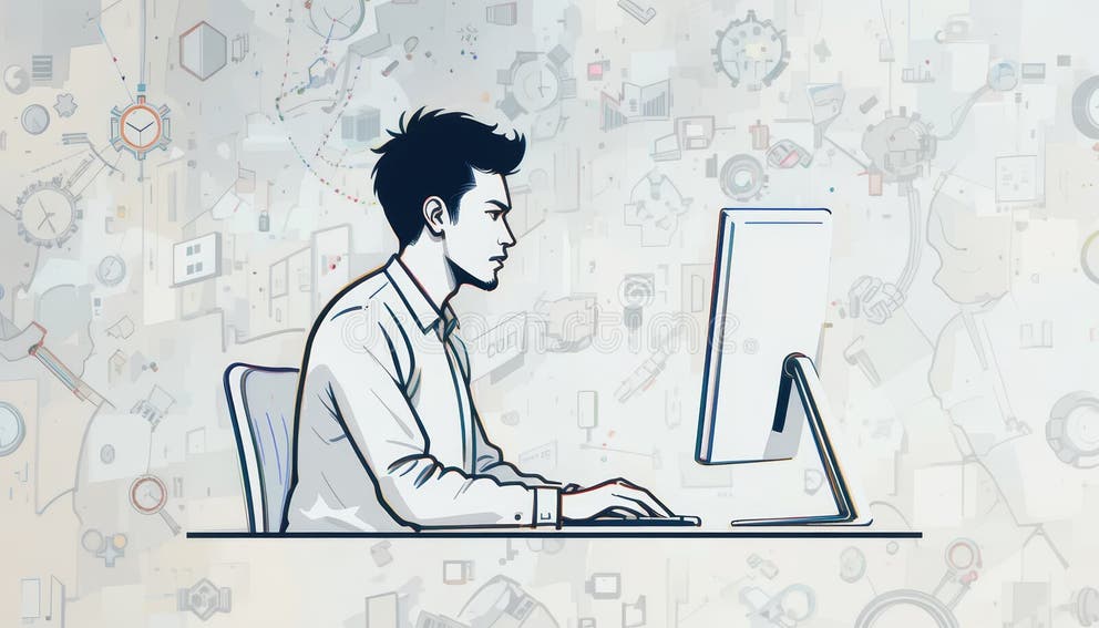 A Man Working at a Desk, Focused on a Computer, in a Modern, Minimalist ...