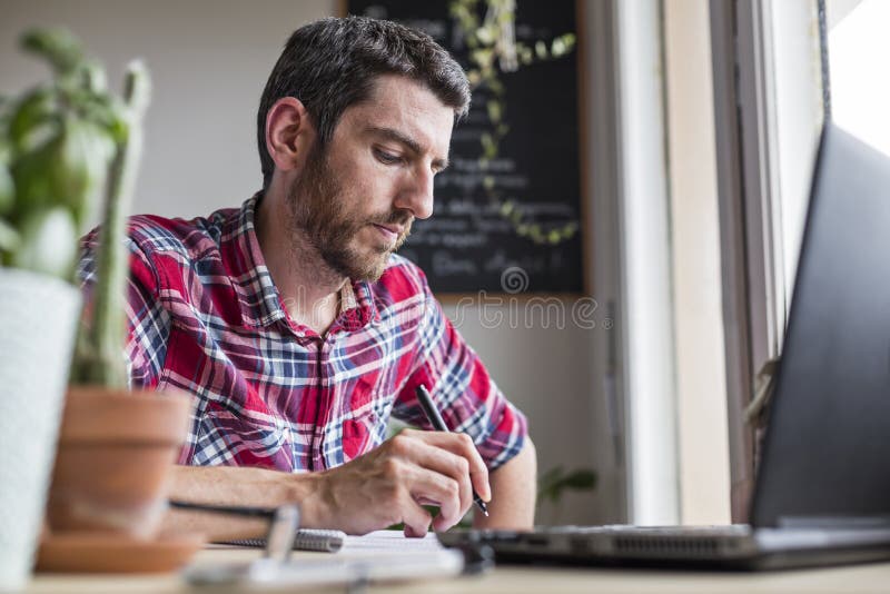 Man Working at Desk in Home Office Stock Photo - Image of male ...