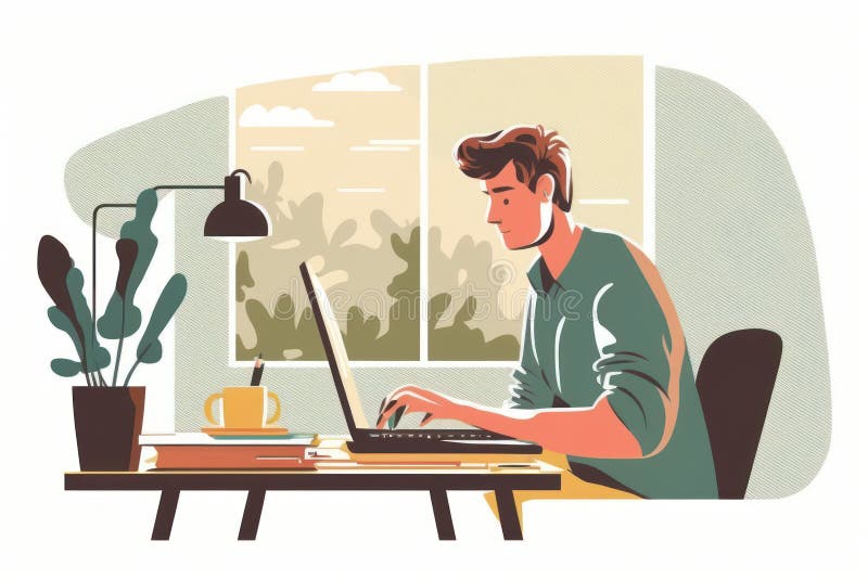 Man Working on Desk with Laptop Productive Work. Flat Design Stock ...