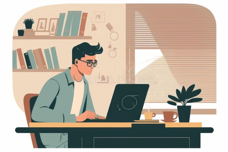 Man Working on Desk with Laptop Productive Work. Flat Design Stock ...