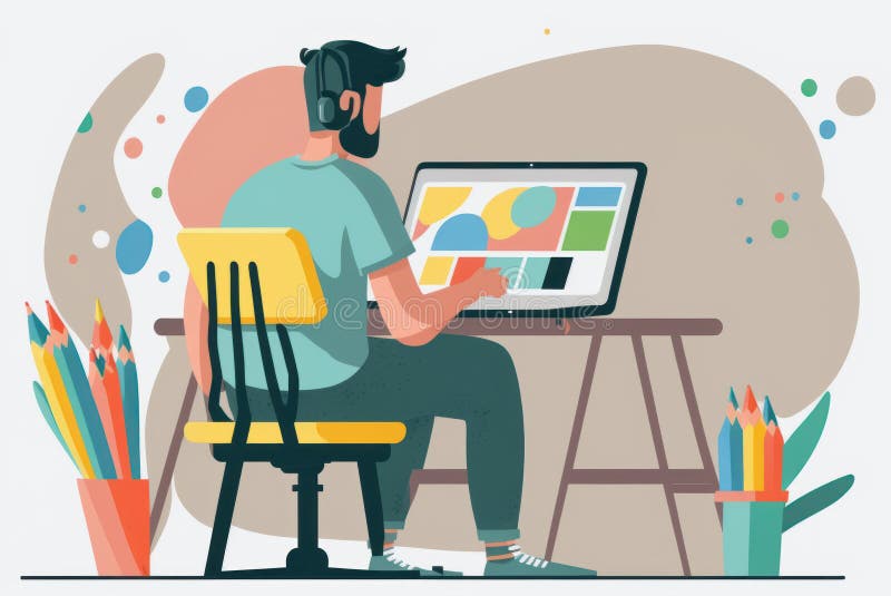 Man Working on Desk with Laptop Productive Work. Flat Design Stock ...