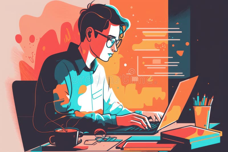 Man Working on Desk with Laptop Productive Work. Flat Design Stock ...