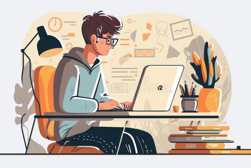 Man Working on Desk with Laptop Productive Work. Flat Design Stock ...