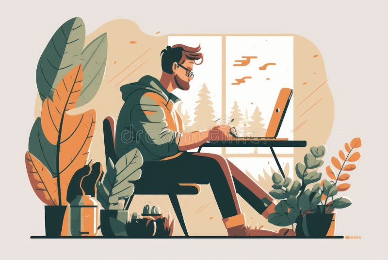 Man Working on Desk with Laptop Productive Work. Flat Design Stock ...