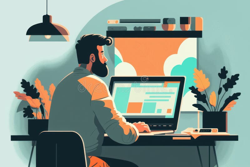 Man Working on Desk with Laptop Productive Work. Flat Design Stock ...